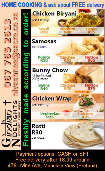 Menu at JC Indian Delights restaurant, Pretoria