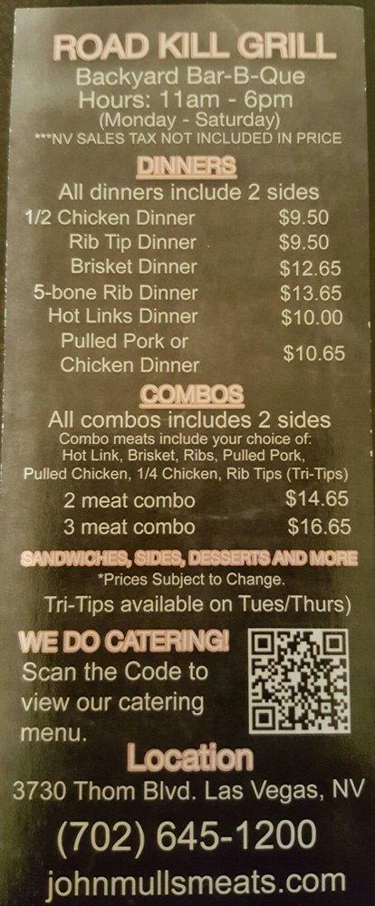 Menu at John Mull's Meats & Road Kill Grill BBQ, Las Vegas