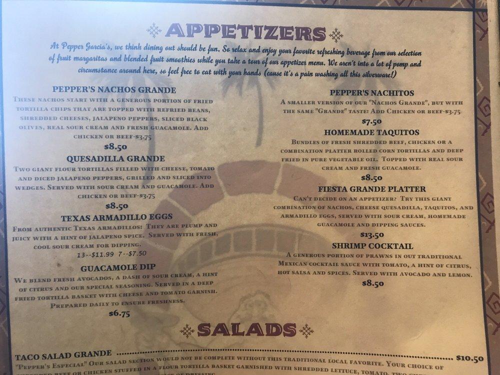 Menu at Pepper Garcia's restaurant, Santa Maria
