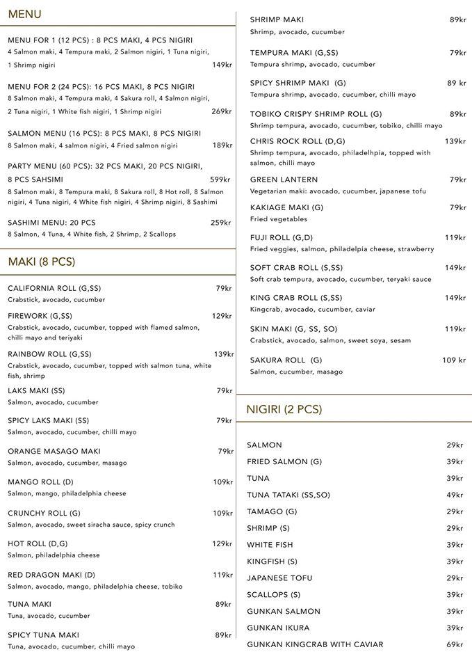 Menu at Sushi House restaurant, Tromsø