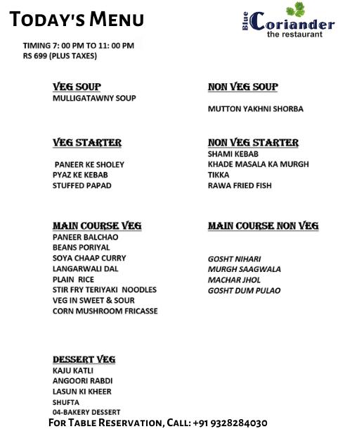 Menu at Blue Coriander, Surat, Belgium Square