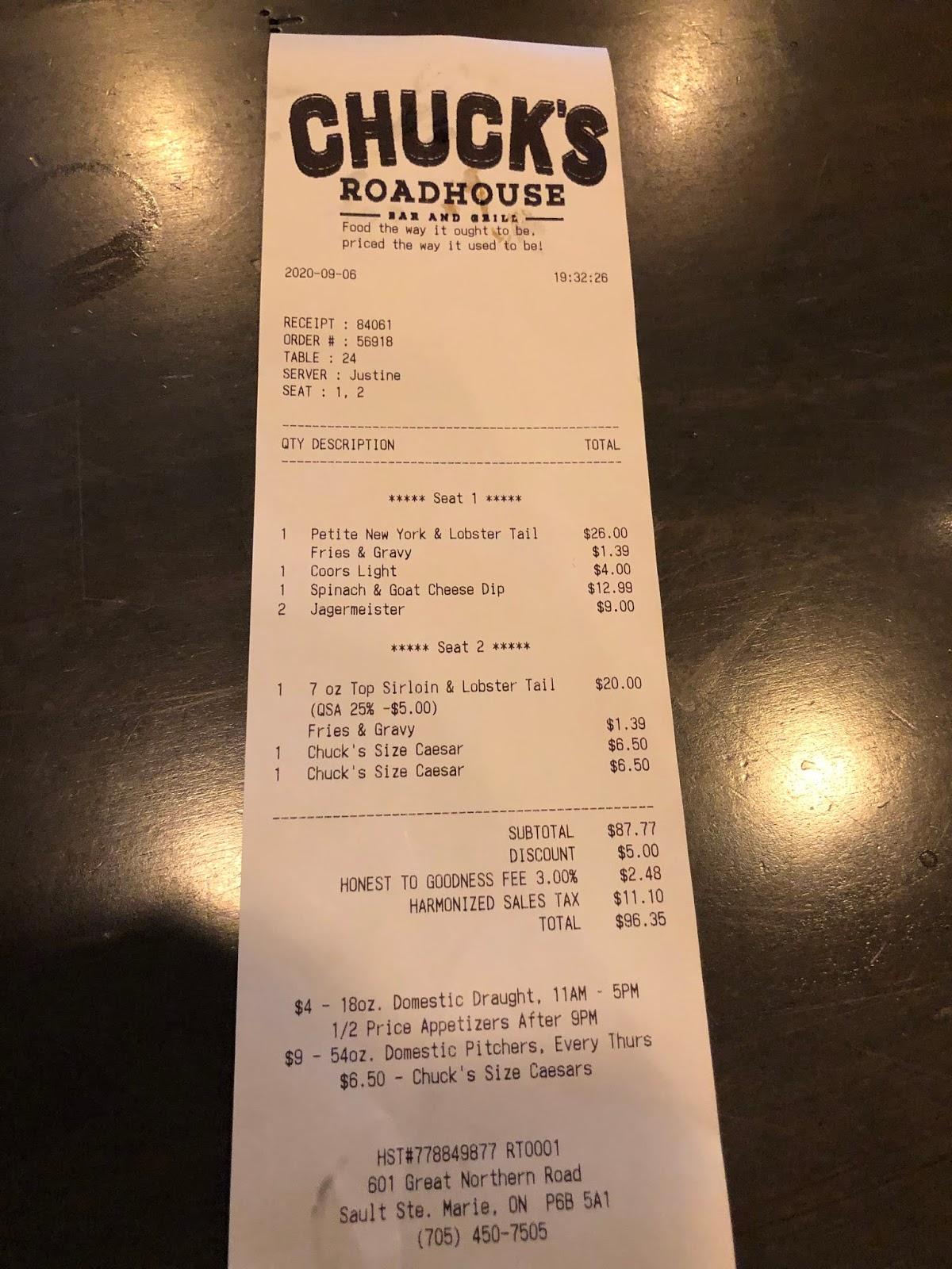 Menu at Chuck's Roadhouse Bar & Grill, Sault Ste. Marie