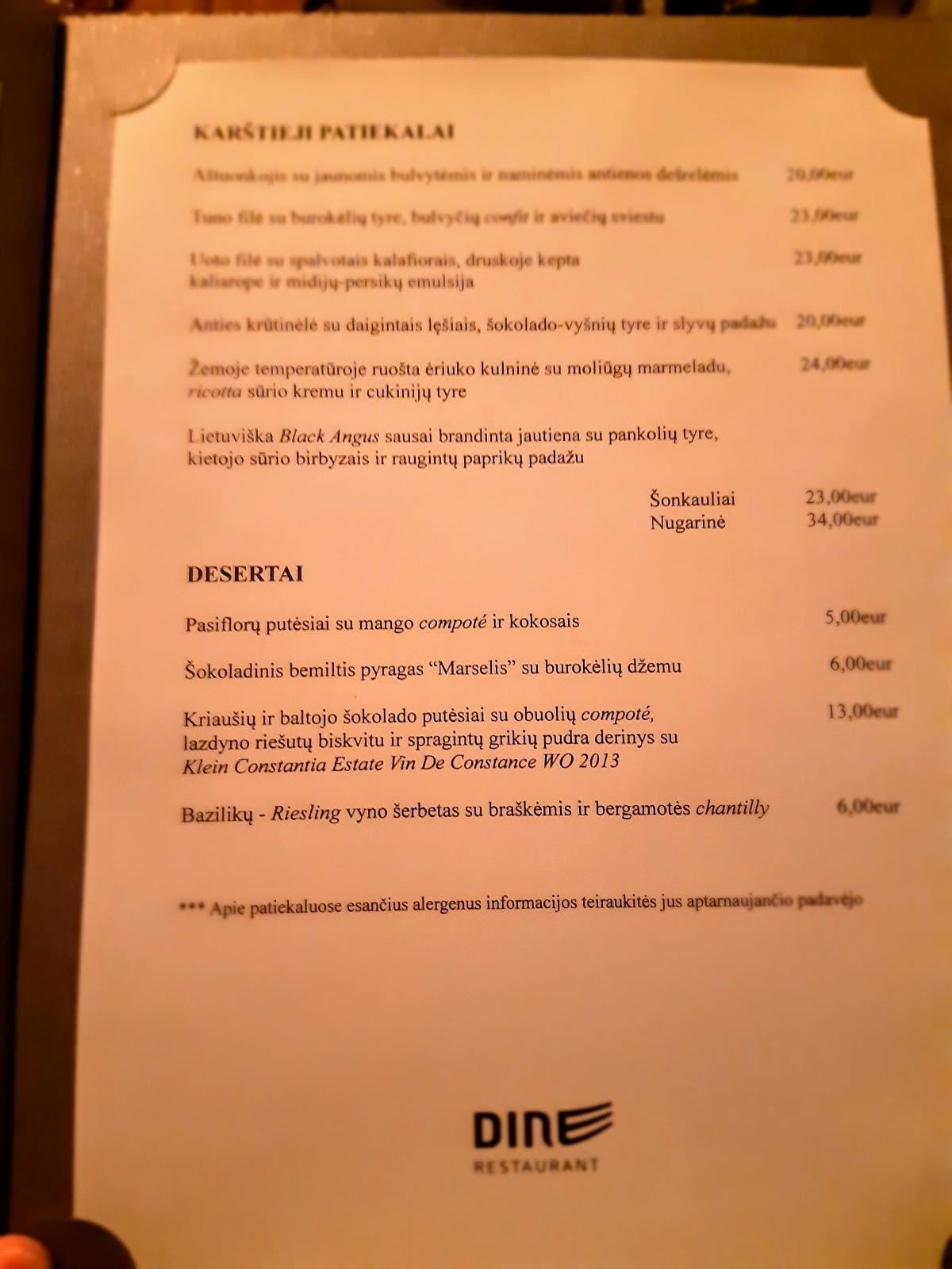 Menu at Dine restaurant, Vilnius