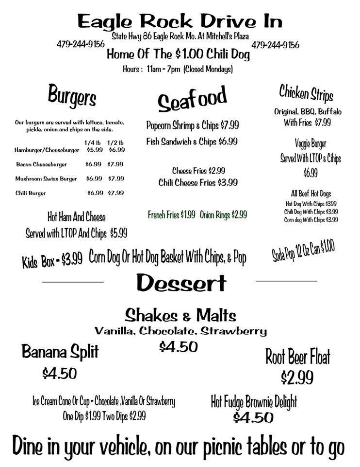 Menu at Eagle Rock Drive In pizzeria, Eagle Rock