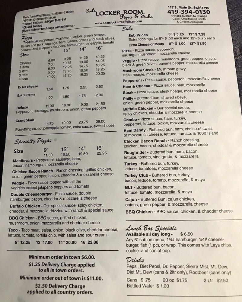 Menu at HometownLocker Room Pizza & Subs pizzeria, Saint Marys