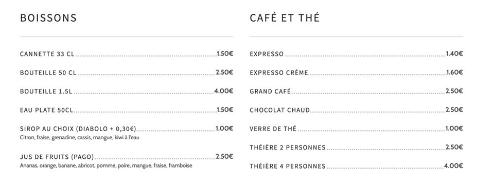 Menu au Les Dunes restaurant, Mulhouse