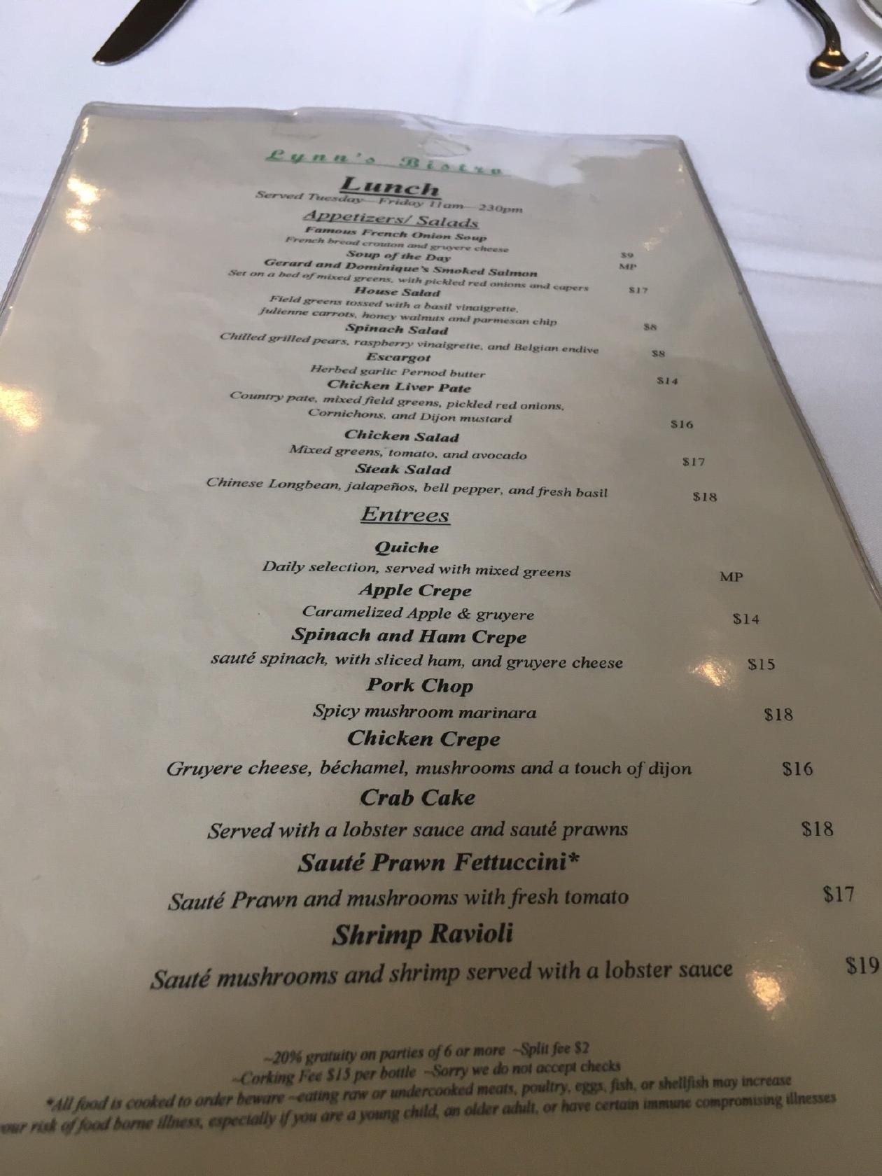 Menu at Lynn's Bistro restaurant, Kirkland