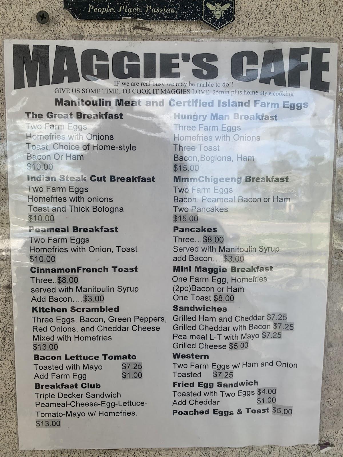 Menu at Maggie's Cafe, M'Chigeeng