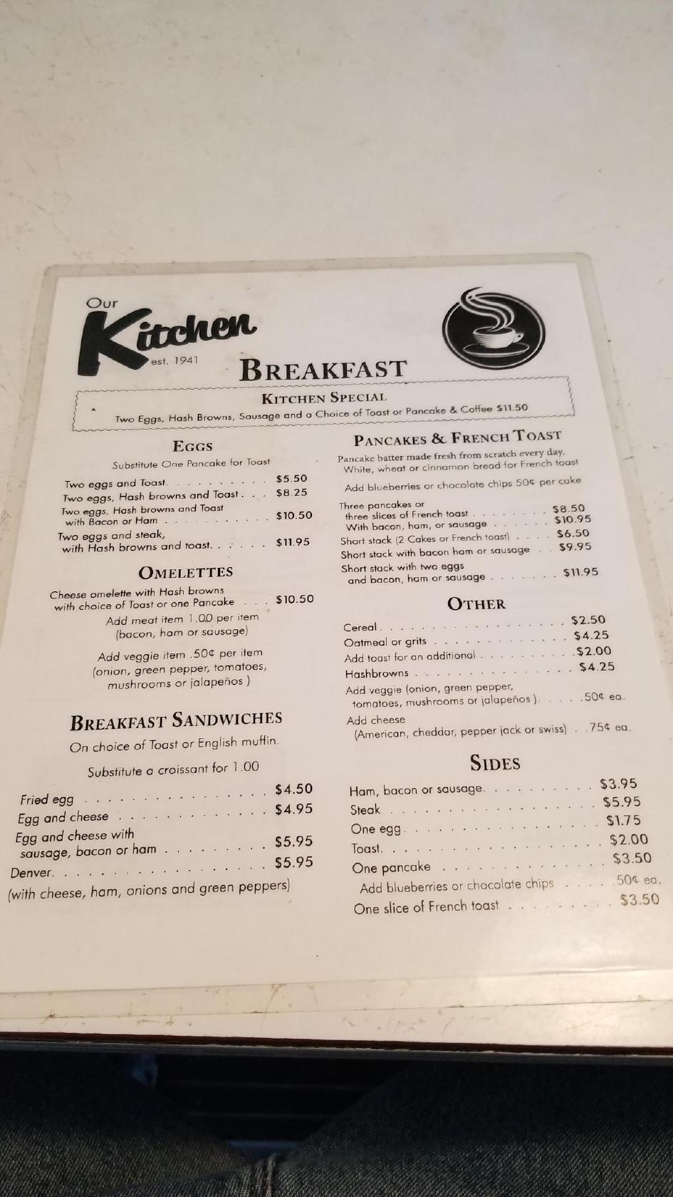Menu at Our Kitchen restaurant, Minneapolis