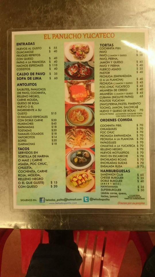 Menu at Panucho yucateco restaurant, Merida, Calle 72 x 59 Santiago centro