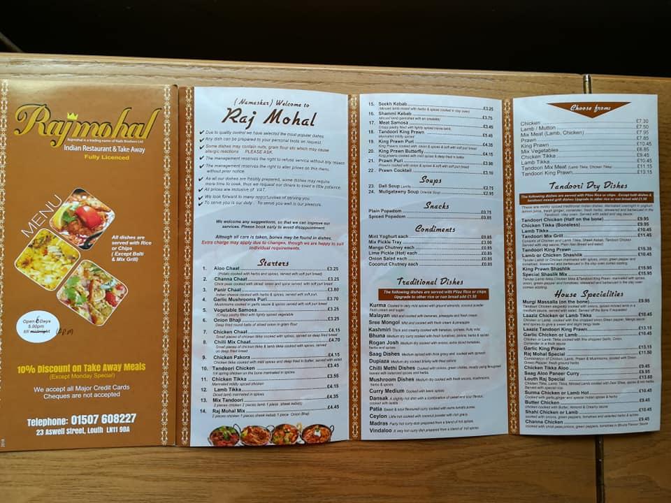 Menu at Raj Mohal restaurant, Louth