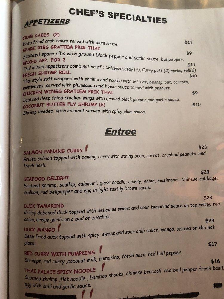 Menu at Thai Palace restaurant, Wolcott