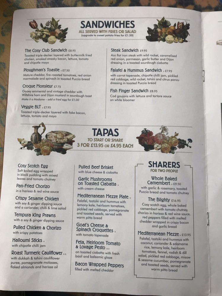 Menu at Cosy Club, Manchester