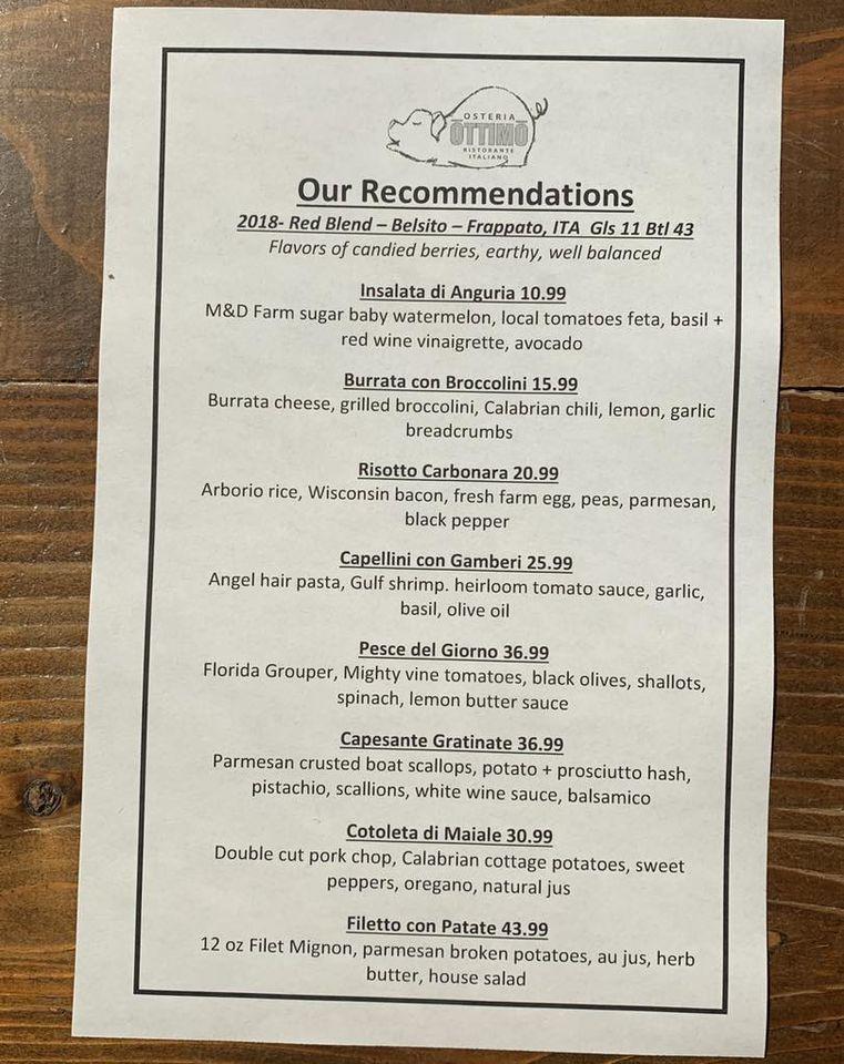 Menu at Ottimo restaurant, Orland Park