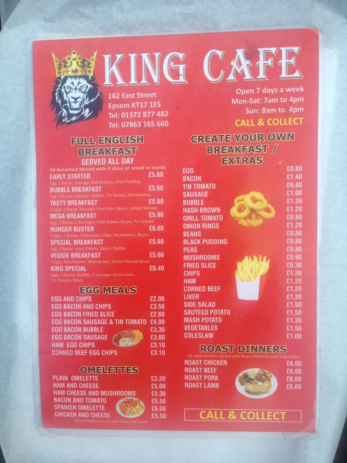 Menu at King Cafe, Epsom