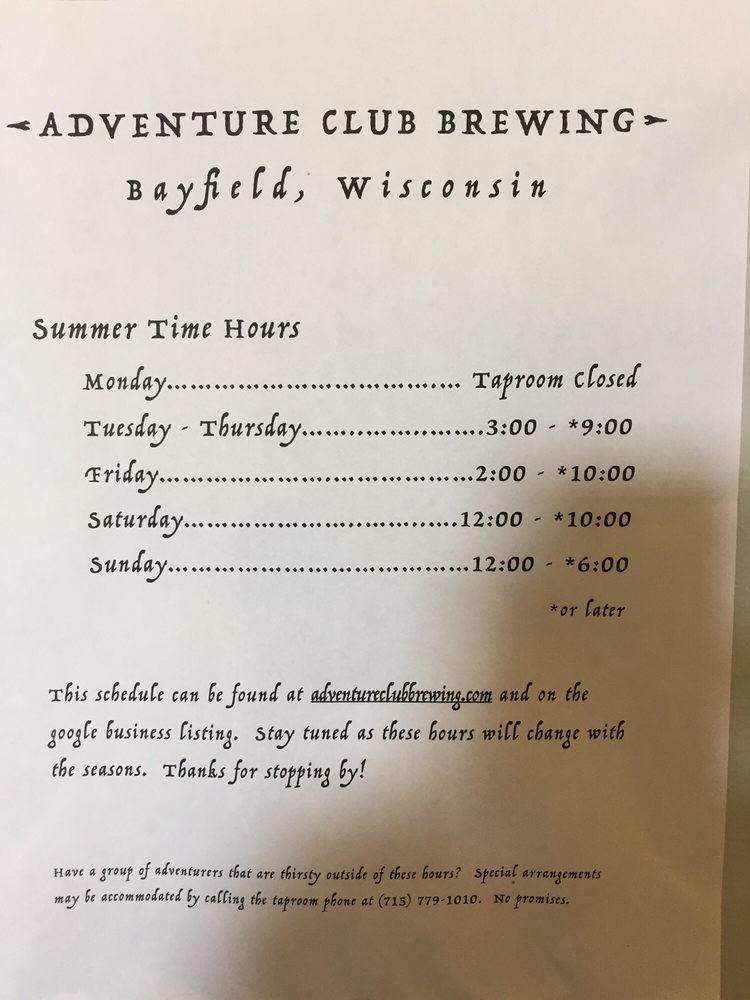 Menu at Adventure Club Brewing, Bayfield