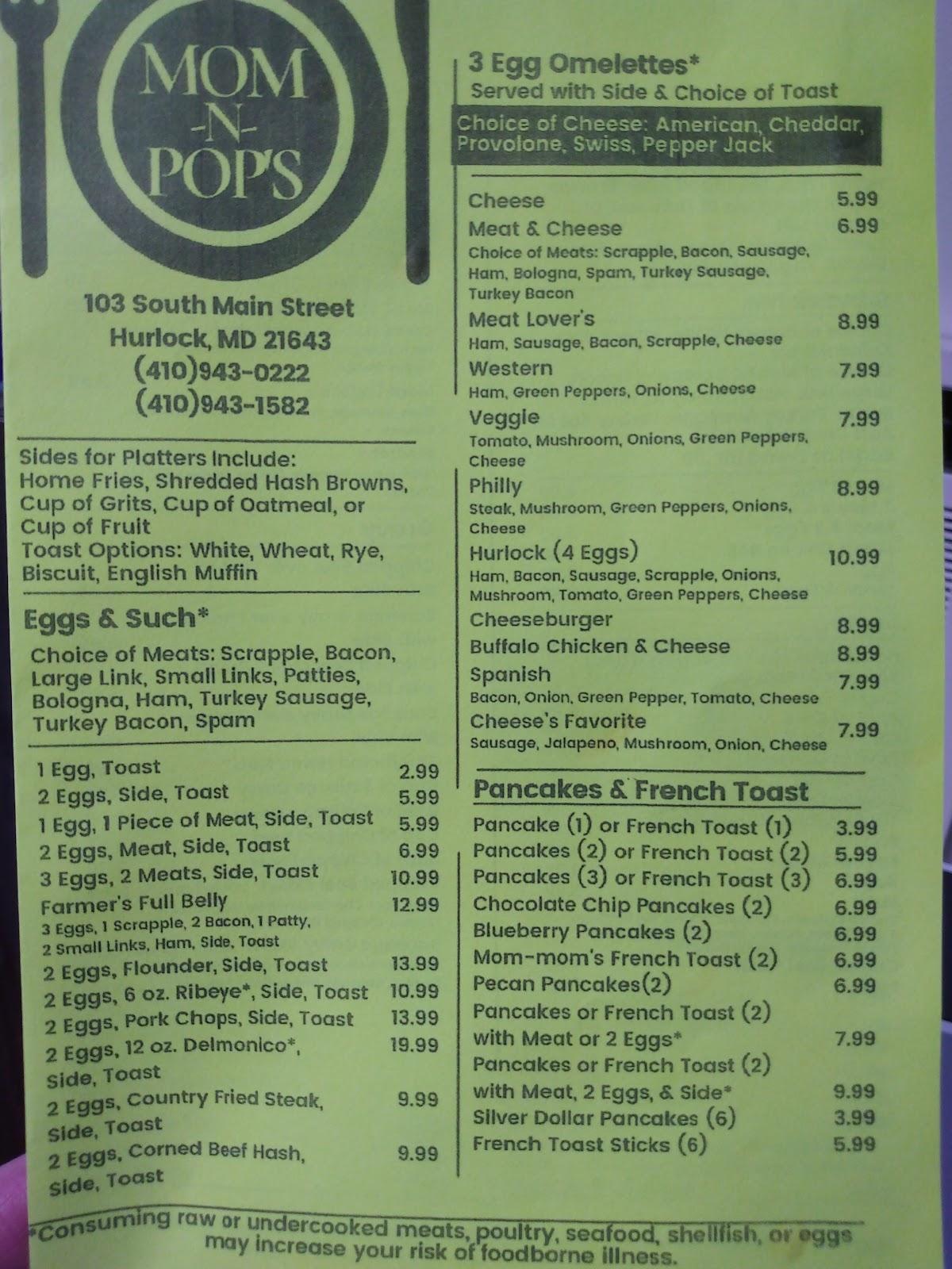 Menu at Mom -n- Pop's restaurant, Hurlock