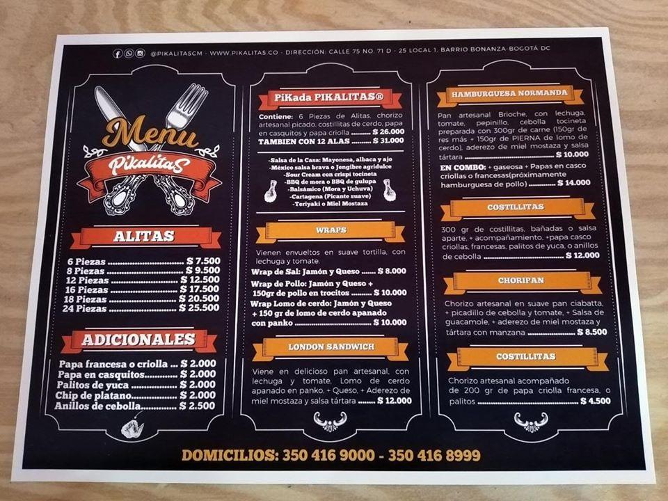 Menu at Pikalitascm restaurant, Bogotá