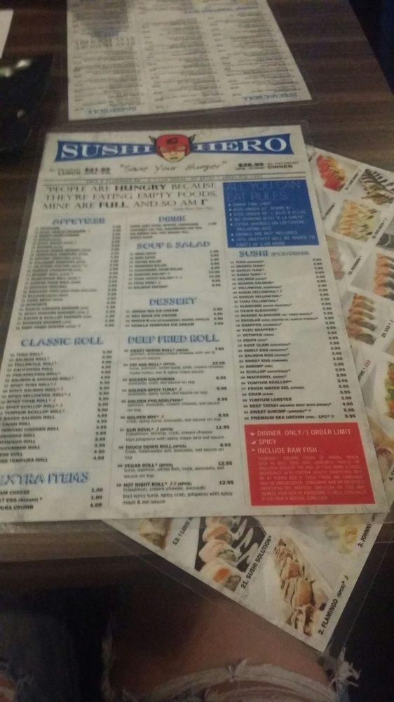 Menu at Sushi Hero restaurant, Las Vegas