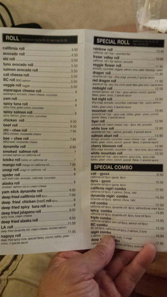 Menu at Sushi Mountain restaurant, Agassiz