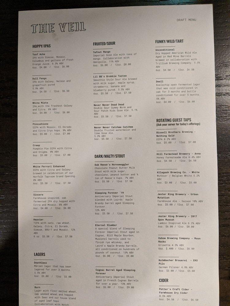 Menu at The Veil pub & bar, Norfolk
