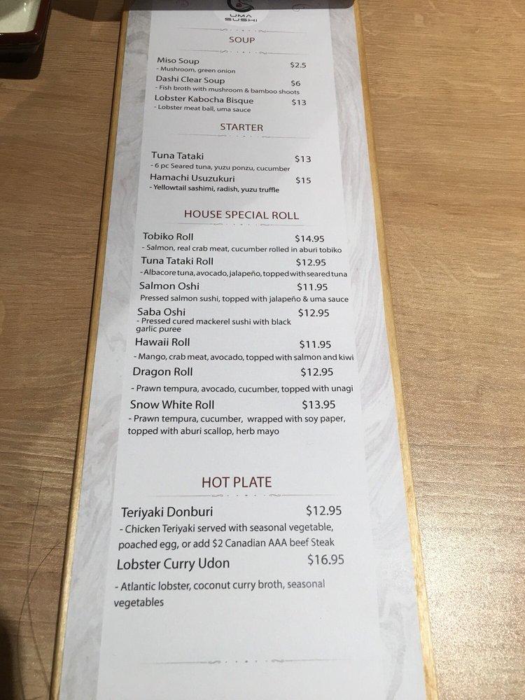 Menu at Uma Sushi restaurant, Vancouver