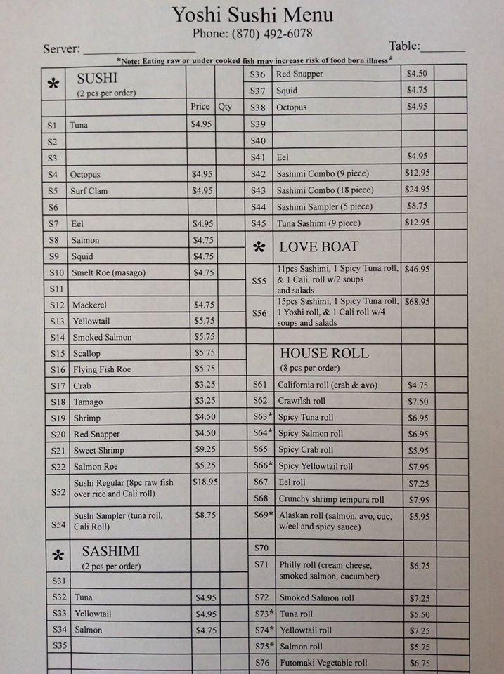 Menu at Yoshi Japanese Steakhouse & Sushi, Mountain Home, Hometown Commons