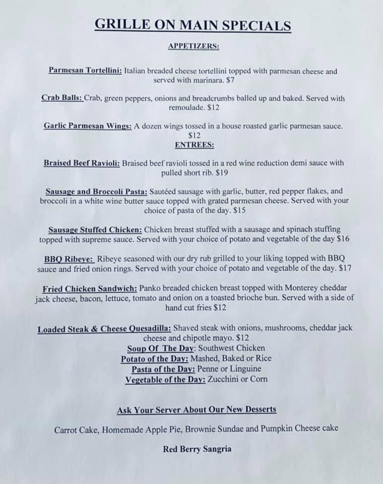 Menu at Grille on Main Restaurant & Bar, Douglas, 306 Main St