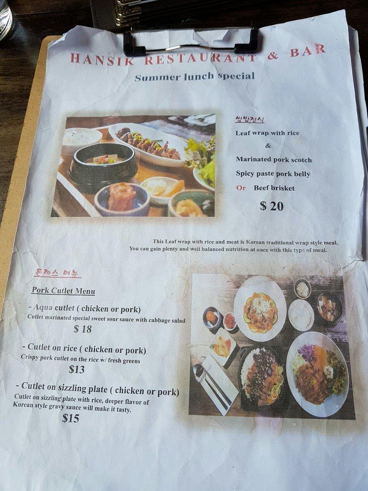 Menu at Hansik pub & bar, Auckland, 19 Drake Street