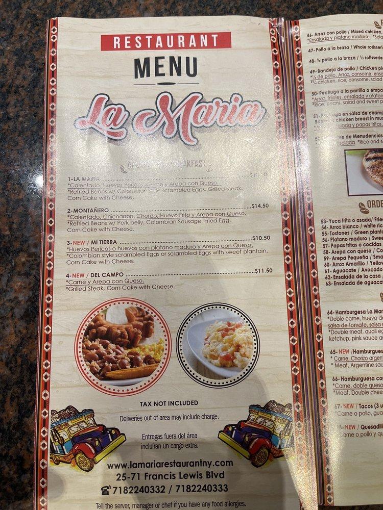 Menu at La Maria restaurant, New York City