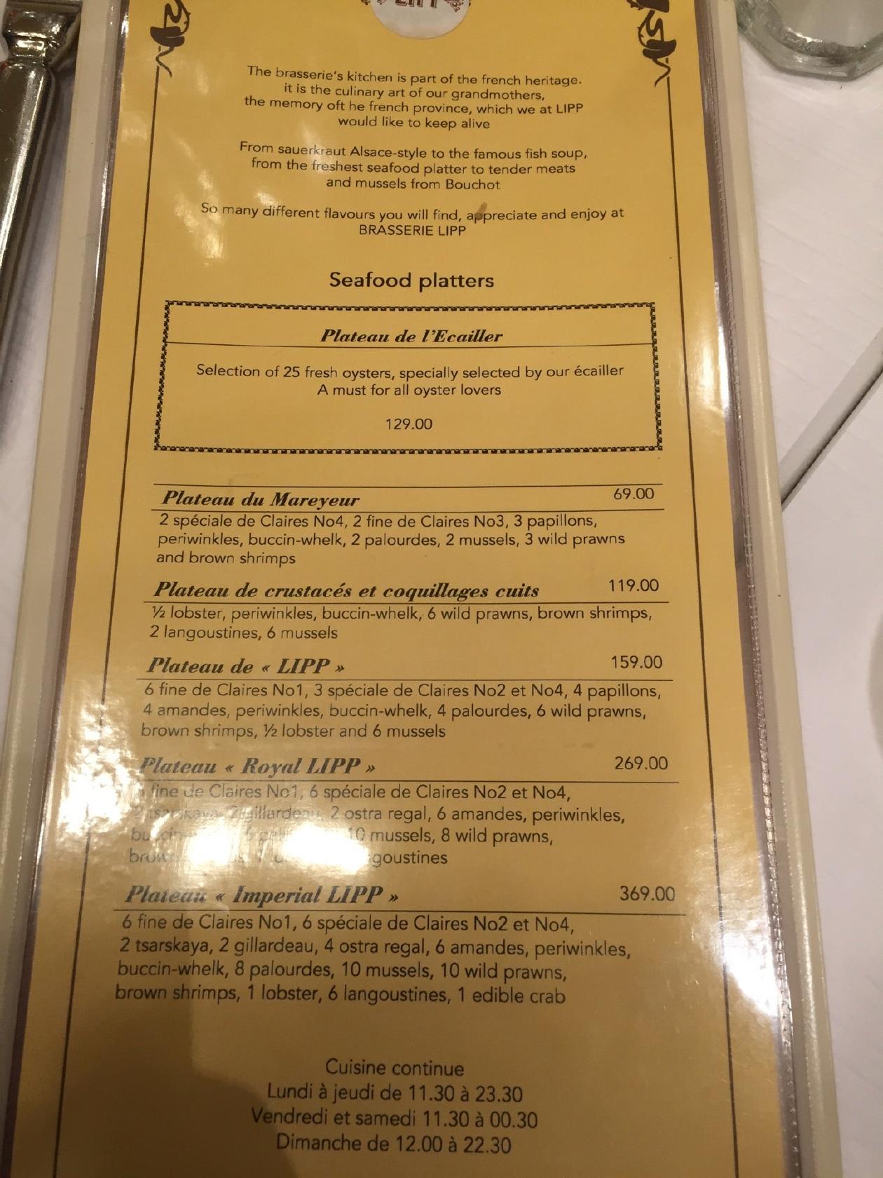 Menu at Brasserie Lipp, Zürich