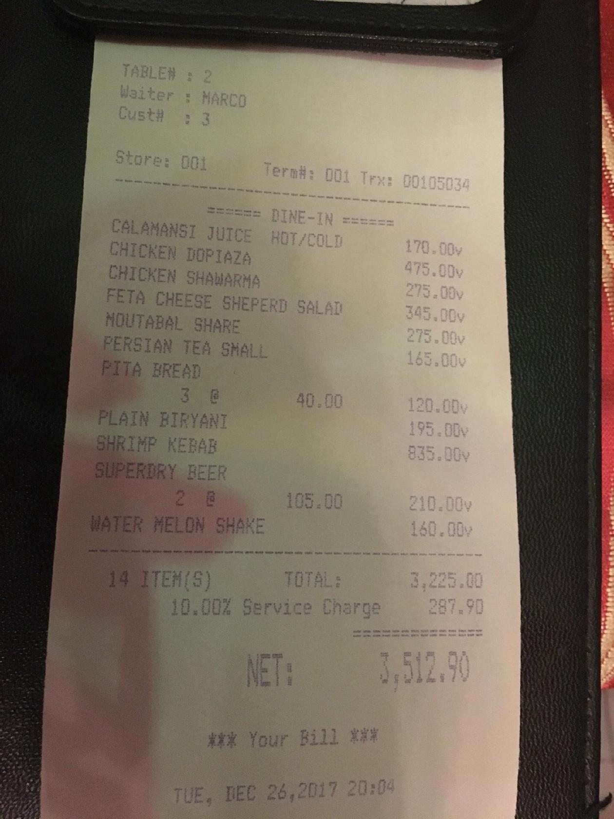 Menu at Hossein restaurant, Taguig