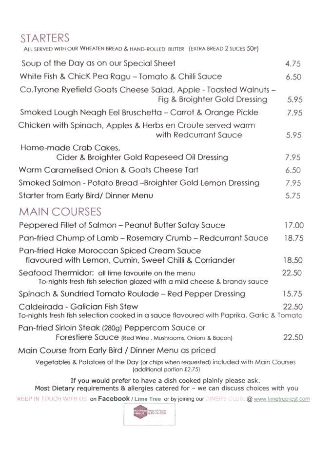Menu at The Lime Tree Restaurant, Limavady, Limavady