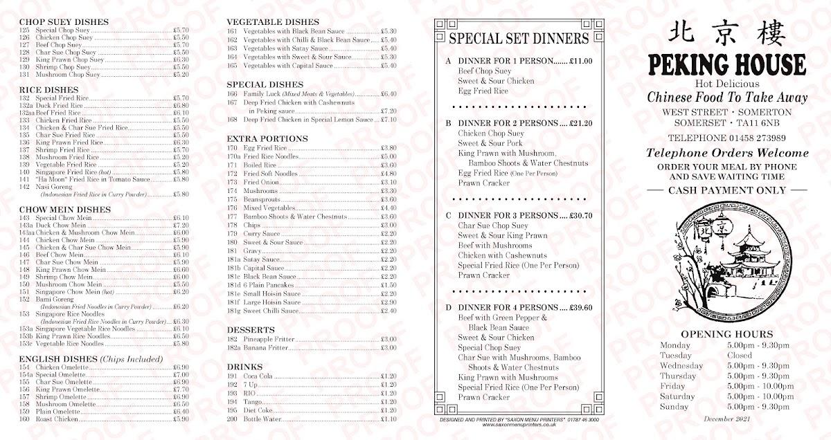 Menu at Peking House fast food, Somerton