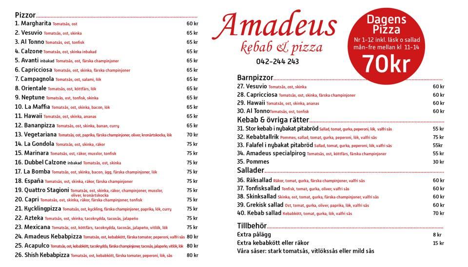 Menu at Amadeus restaurant, Helsingborg