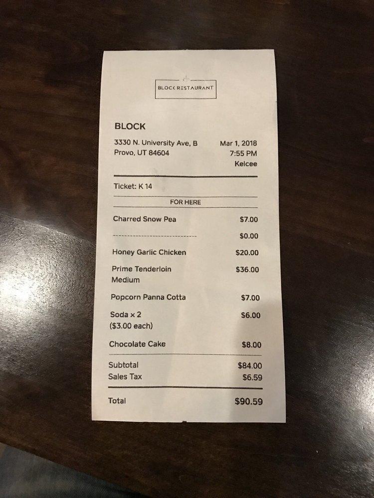 Carta de Block Restaurant, Provo