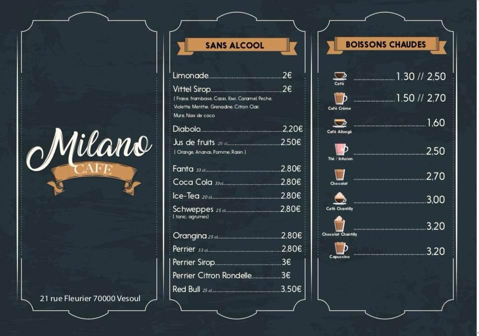 Menu at Le Milano Café, Vesoul