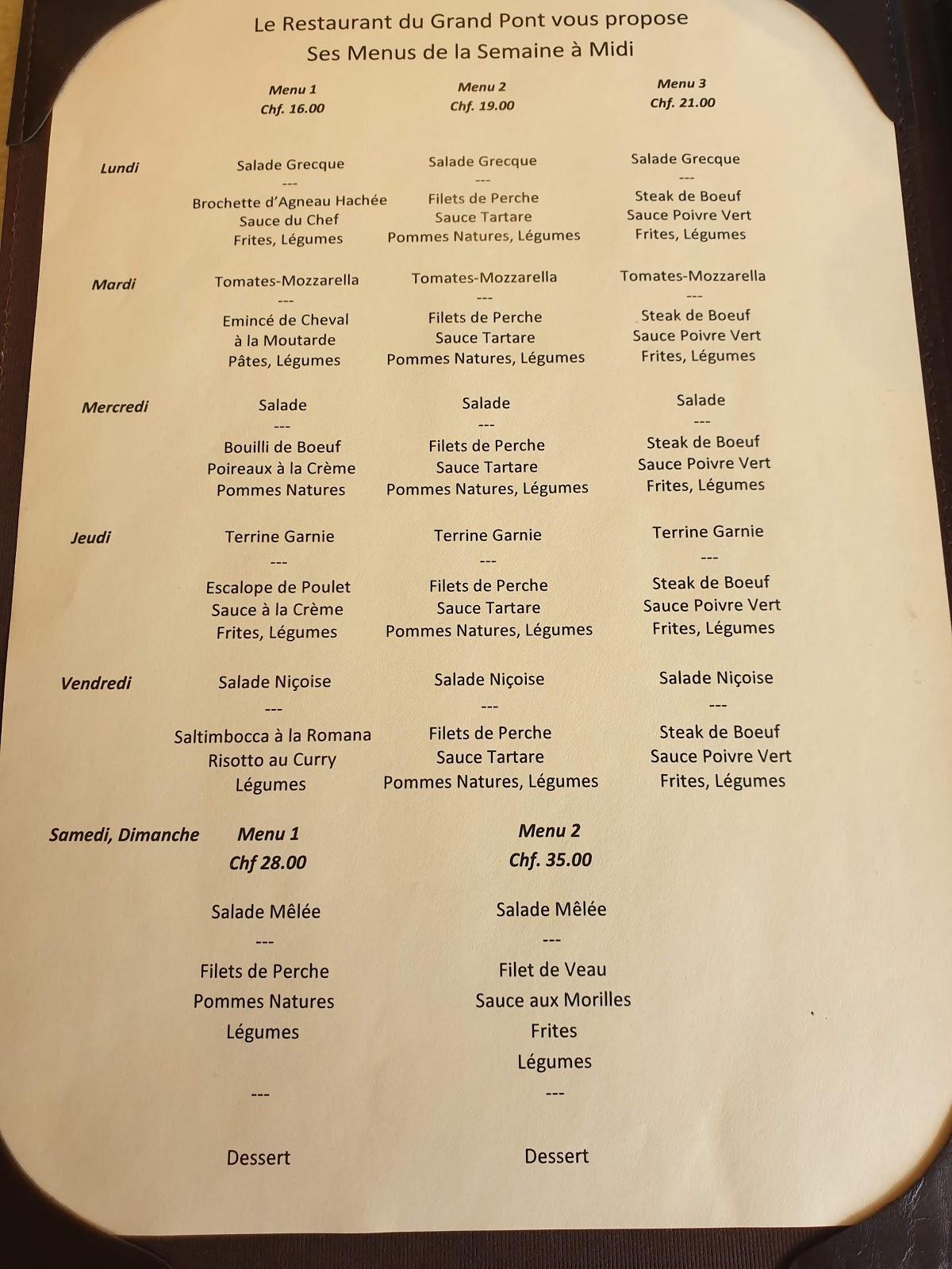 Menu au Restaurant du Grand-Pont, La Chaux-de-Fonds, Av. Léopold-Robert 118