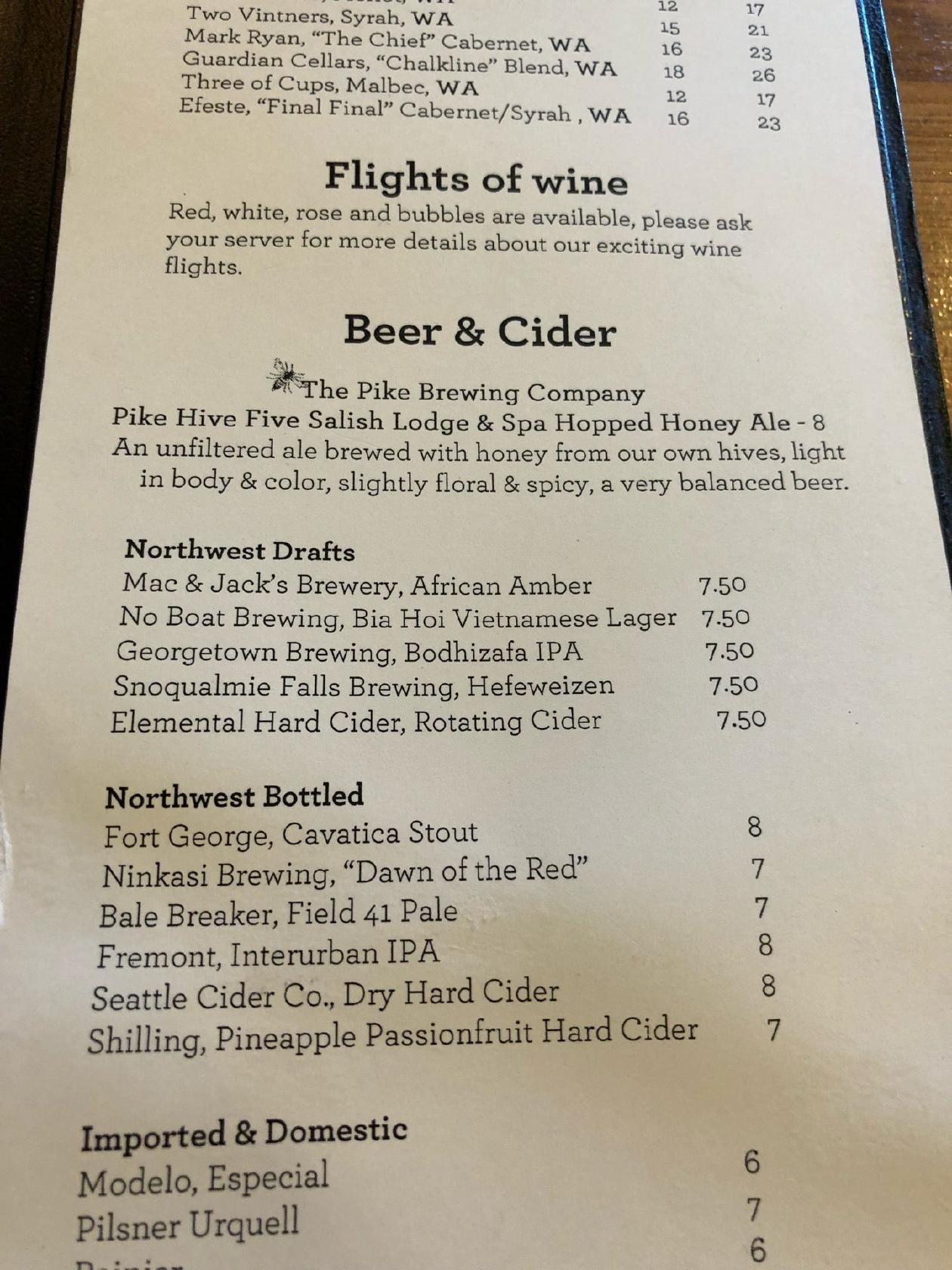 Menu at The Attic at Salish Lodge restaurant, Snoqualmie