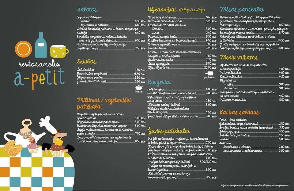 Menu at A-petit restaurant, Palanga