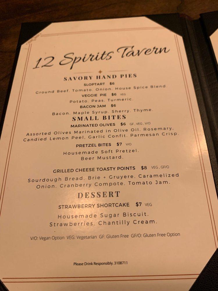 Menu at 12 Spirits Tavern pub & bar, Denver