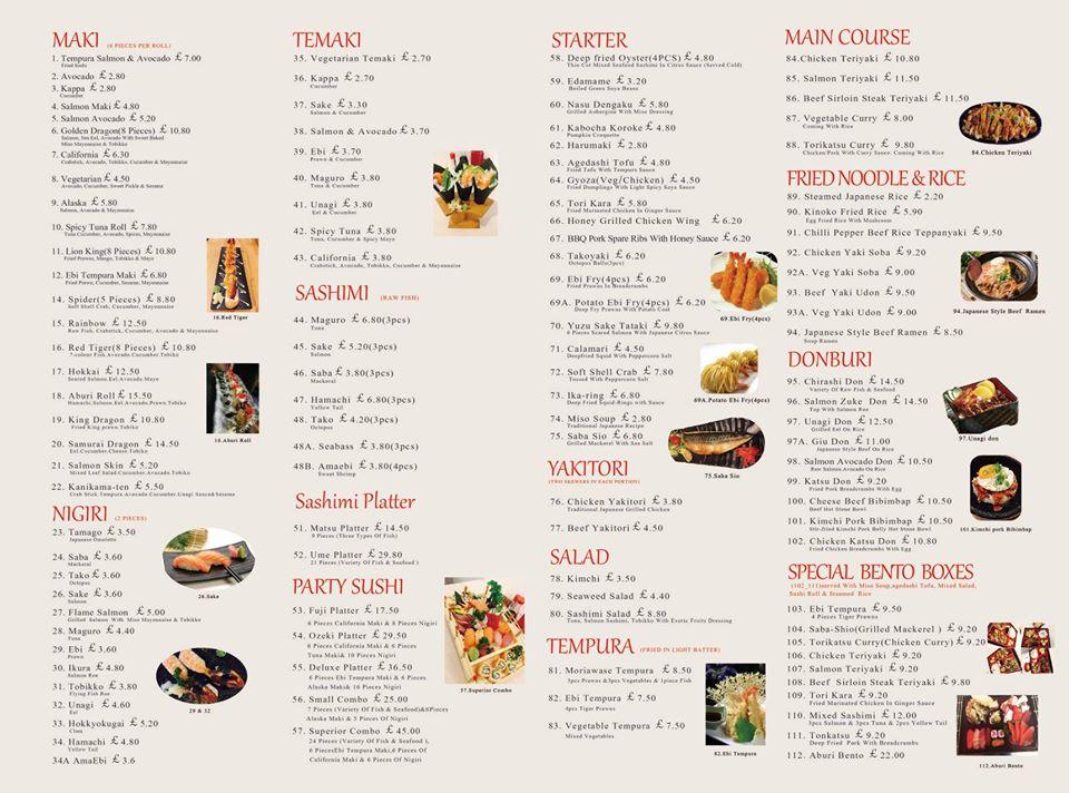 Menu at Aburi restaurant, Colchester