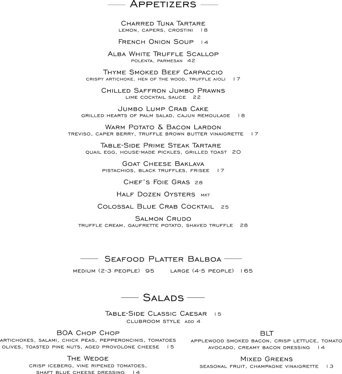 Menu at BOA Steakhouse, Santa Monica, 101 Santa Monica Blvd