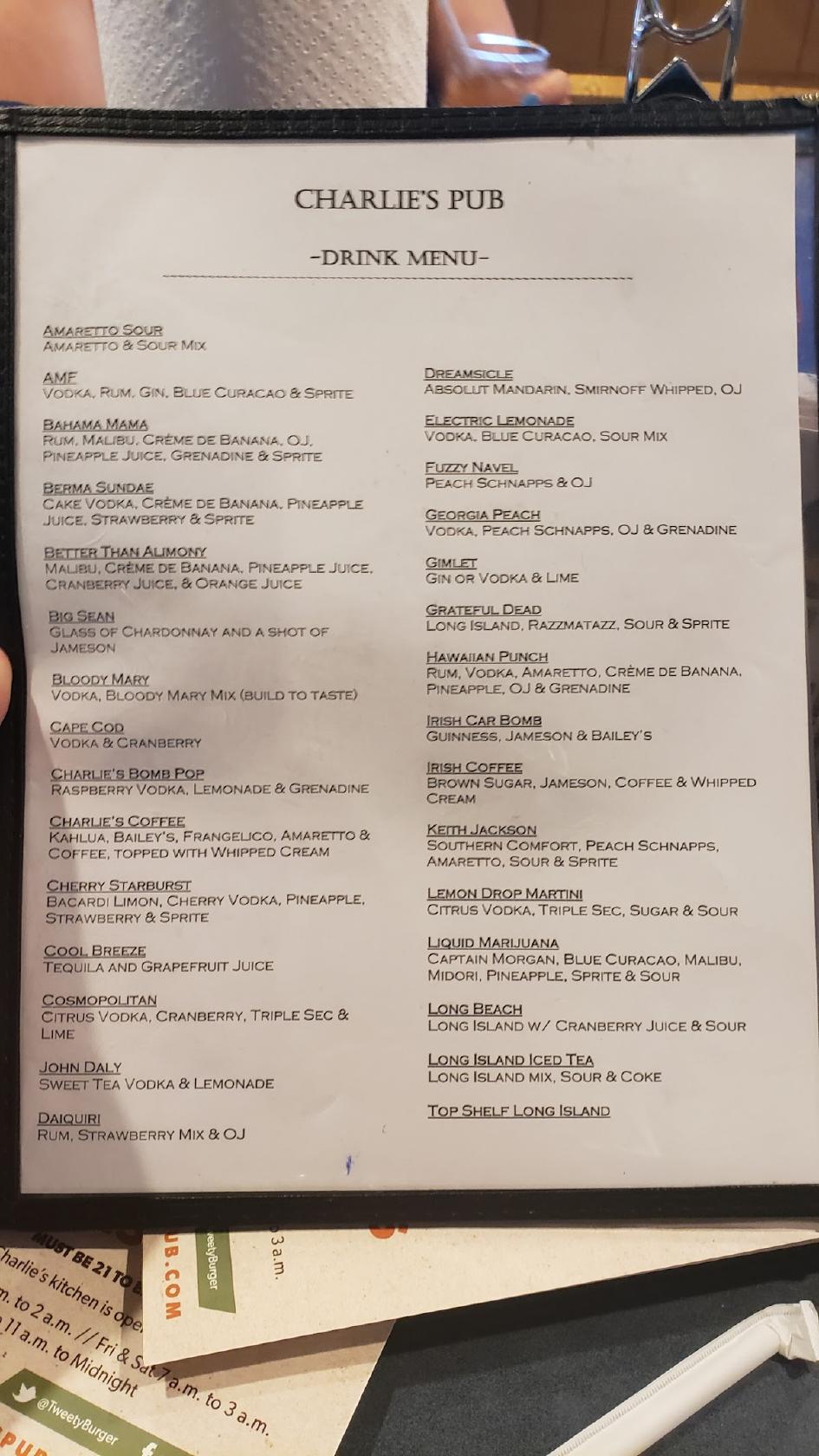 Menu at Charlie's Pub & Grub, Terre Haute