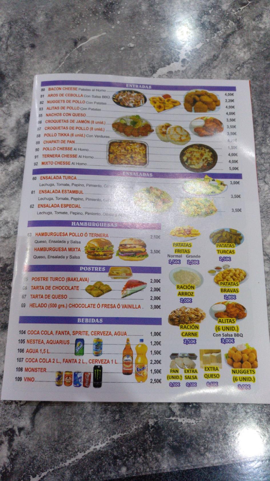 Carta del restaurante Kebab Corner, San Vicente del Raspeig