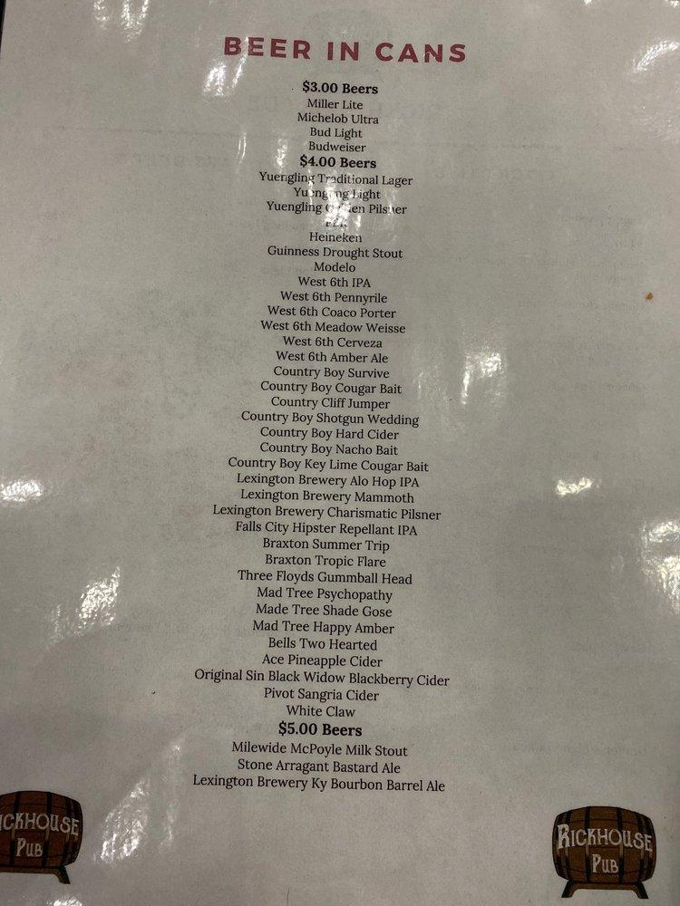 Menu at Rickhouse Pub, Lexington