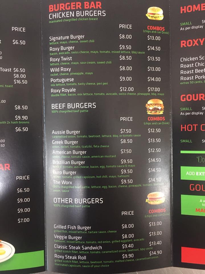 Menu at Roxy gourmet bar, Caringbah