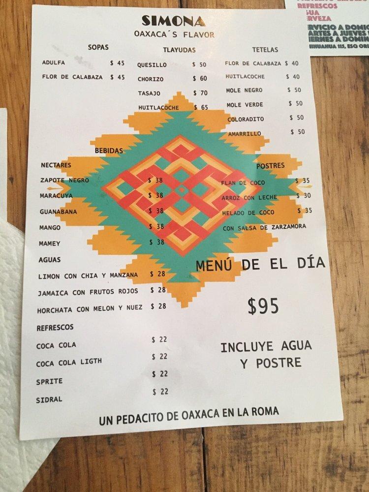 Menu at SIMONA Oacaca's Flavor restaurant, Mexico City