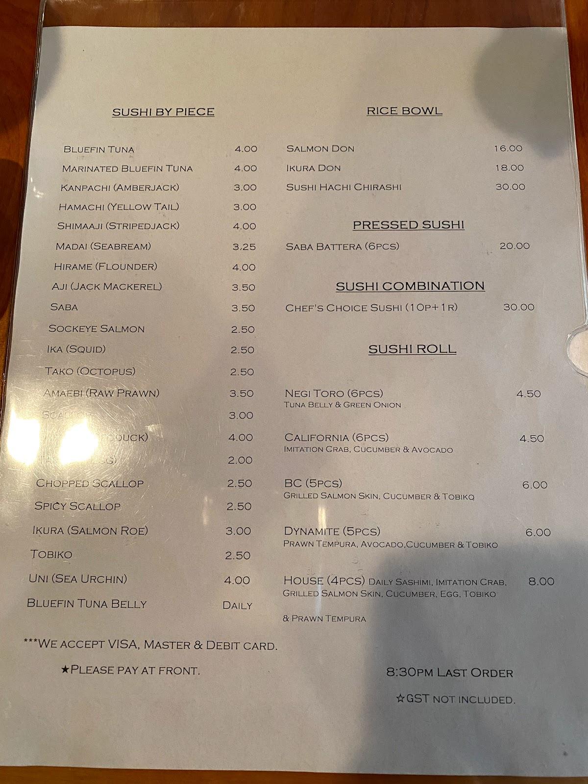 Menu at Sushi Hachi restaurant, Richmond, Odlin Crescent