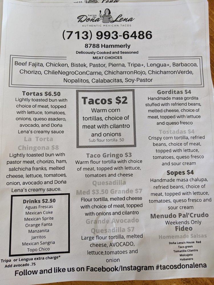 Menu at Tacos Doña Lena restaurant, Houston